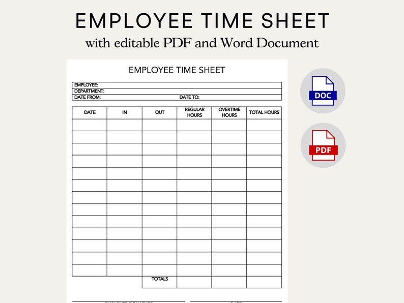 Employee Timesheet. Editable Timesheet. Printable Timesheet. Time Card ...