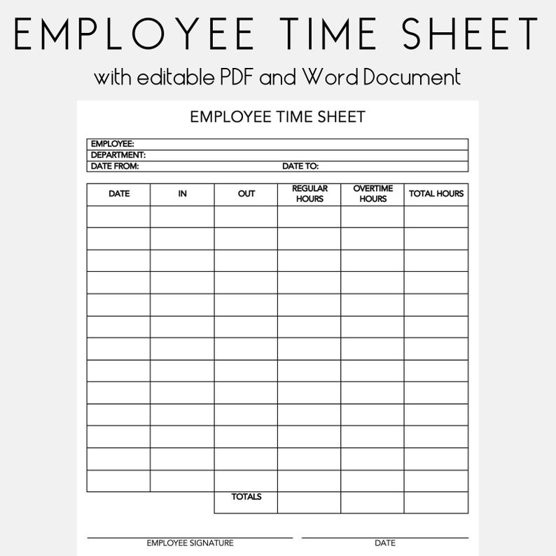 Employee Timesheet. Editable Timesheet. Printable Timesheet. - Etsy