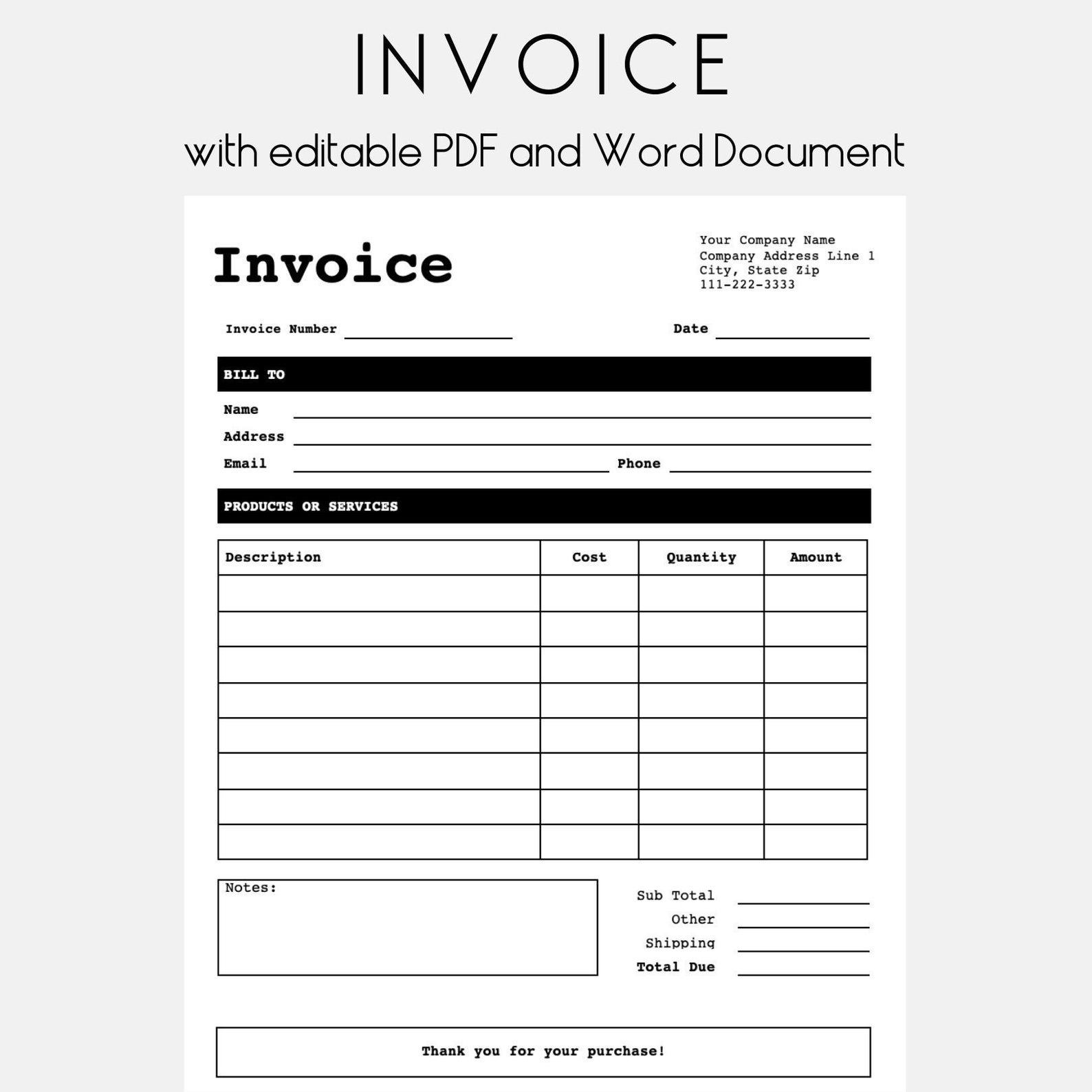 Invoice Template Pdf/word. Business Invoice. Invoice Word. - Etsy