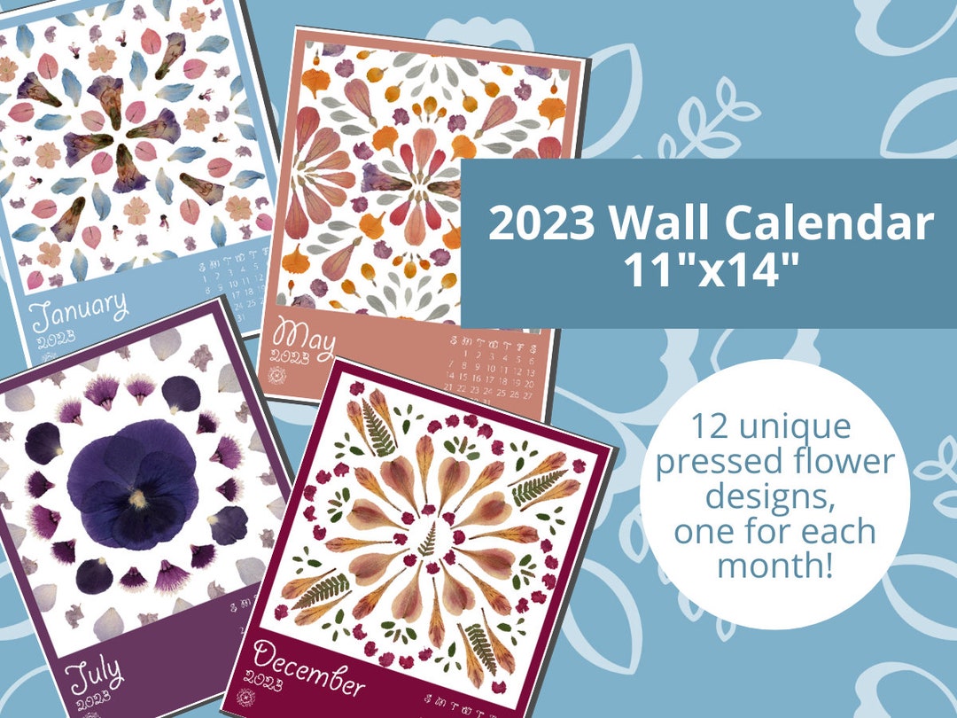 2023 Floral Wall Calendar, Monthly Flower Calendar, Pressed Flower Art ...