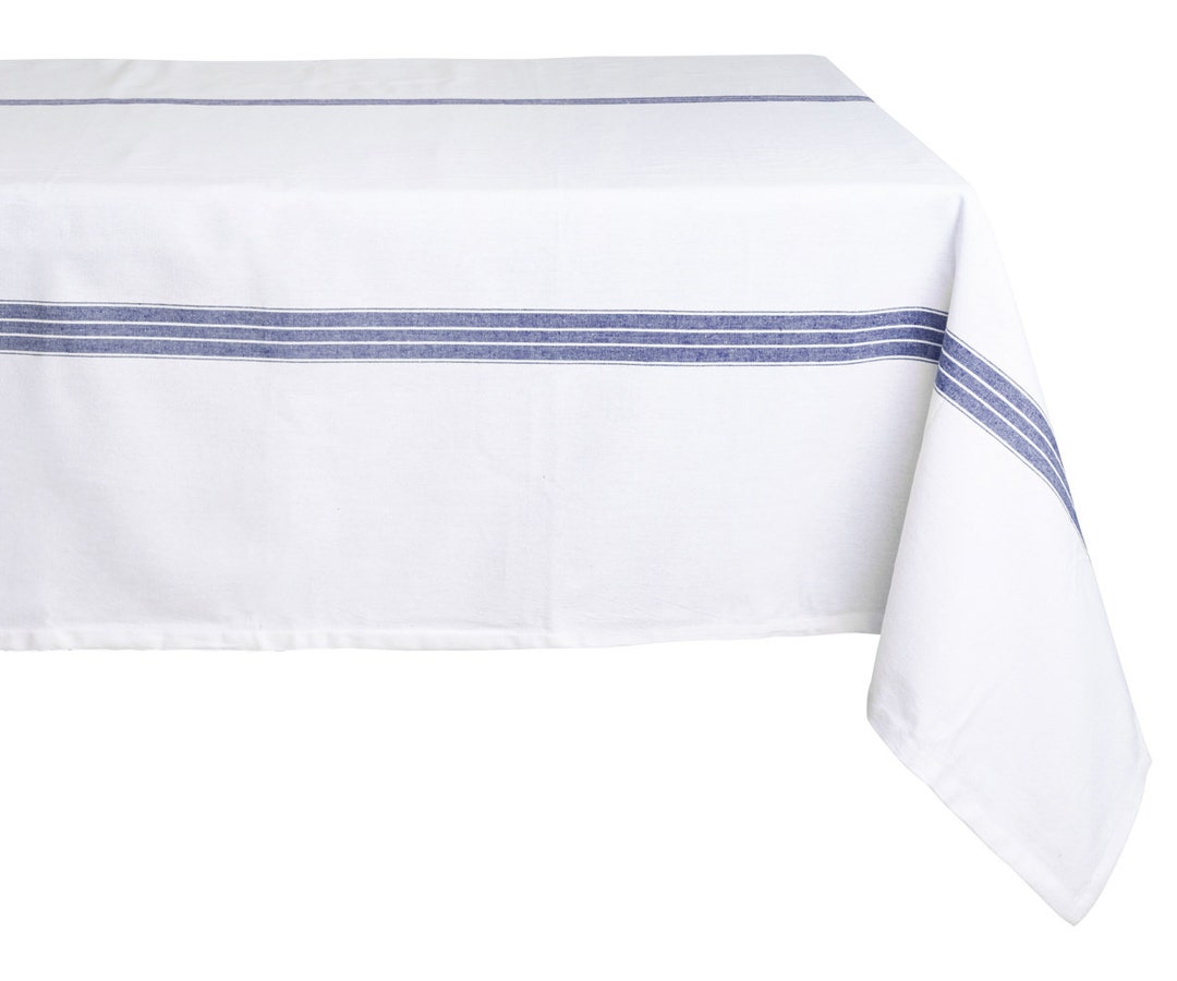 White Cotton Tablecloth Navy Blue Striped Tablecloth Farmhouse ...