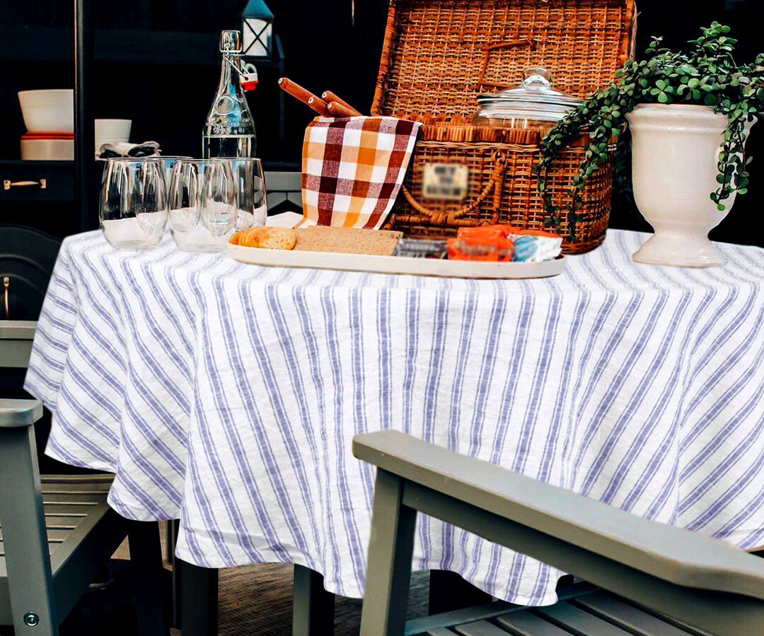 Round Tablecloth 60 Inch, Pure Linen Striped Tablecloth, Round Cloth ...