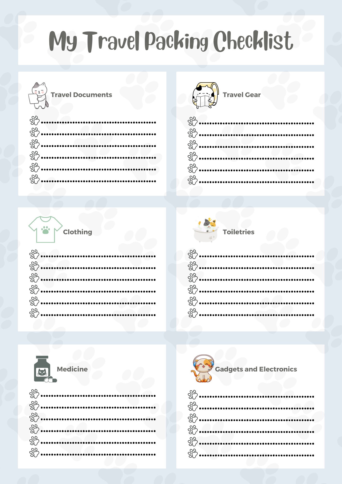 Cat-themed Travel Checklist Cat Travel Planner Cat Travel Packing ...