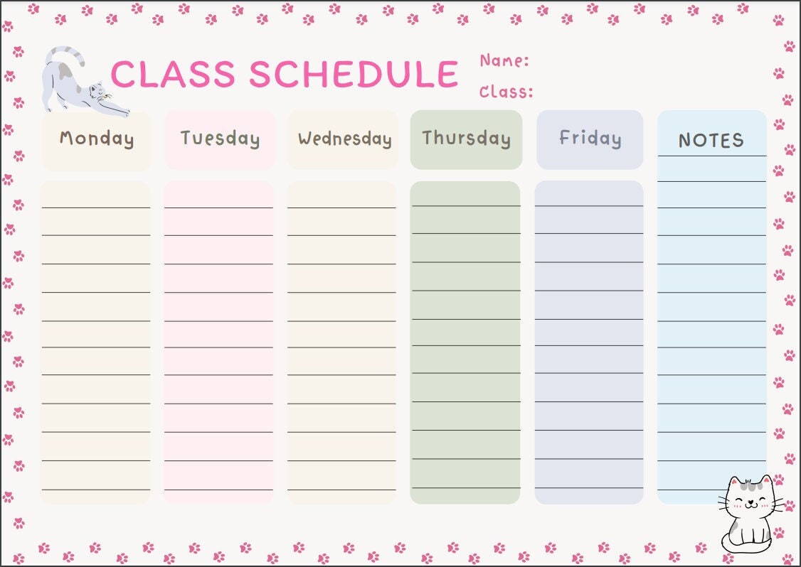 Cat Class Schedule School Printables Printable Class Schedule With Cats ...