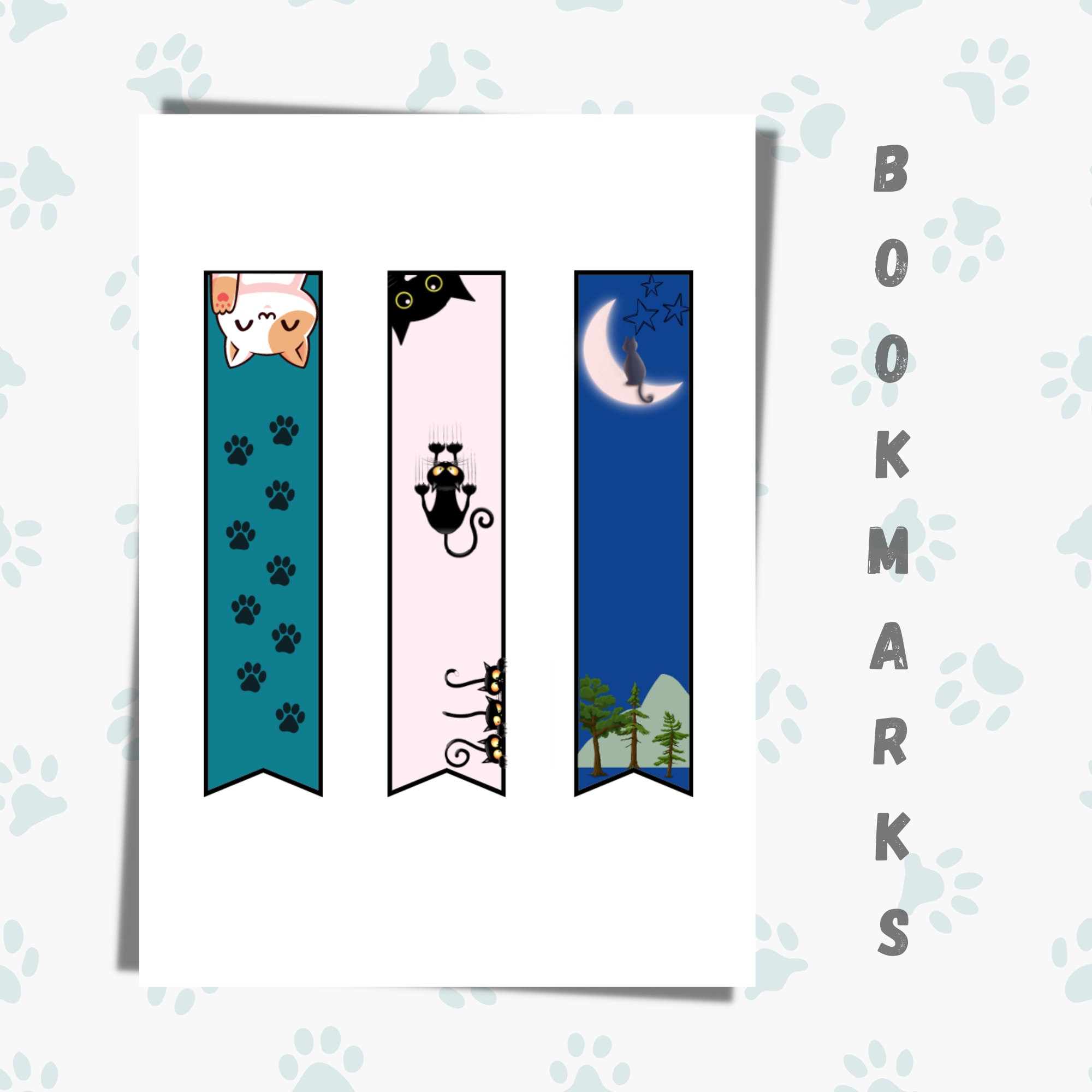 3 Printable Dreamy Cute Instant Download Cat Bookmarks Downloadable Cat ...