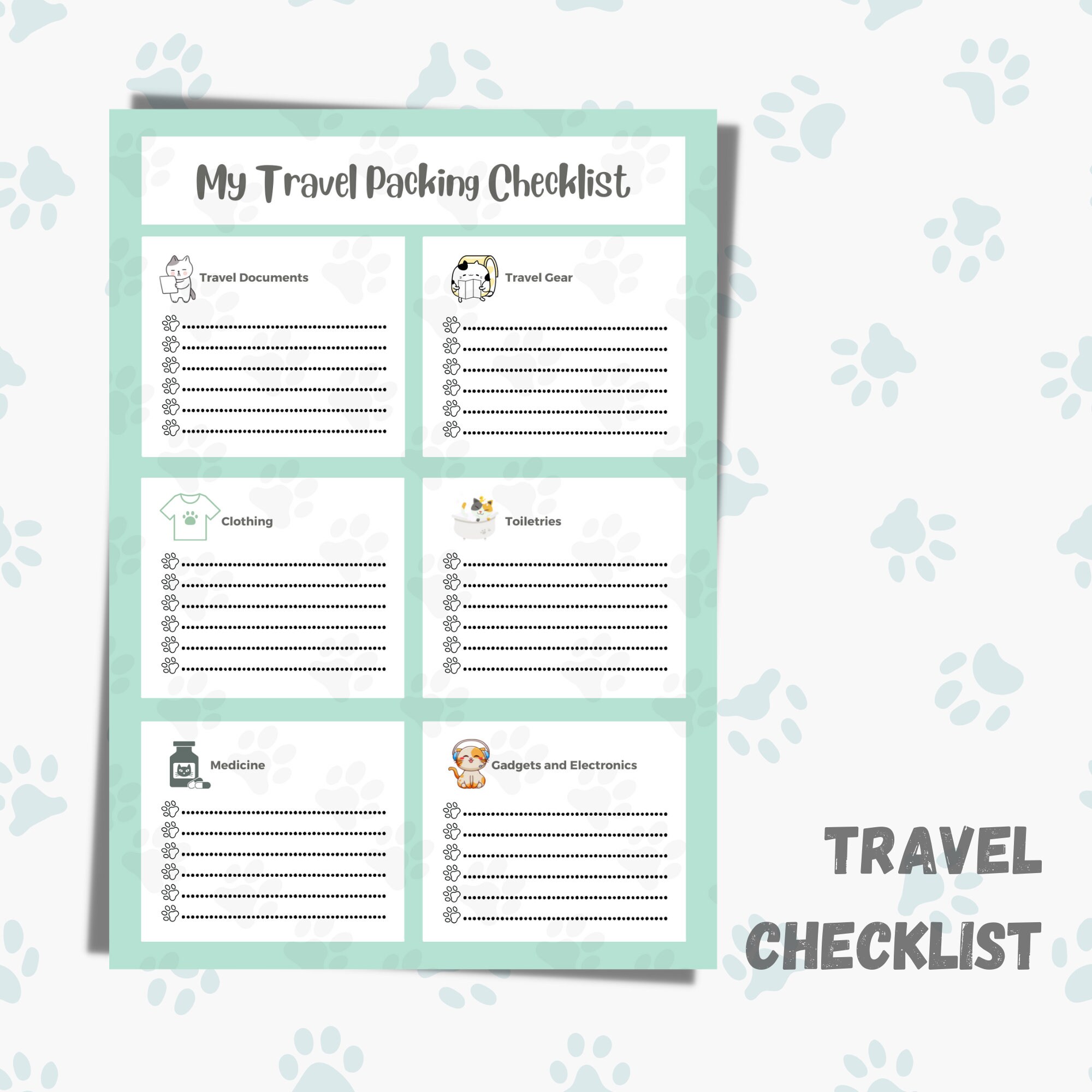 Cat-themed Travel Checklist Cat Travel Planner Cat Travel Packing ...
