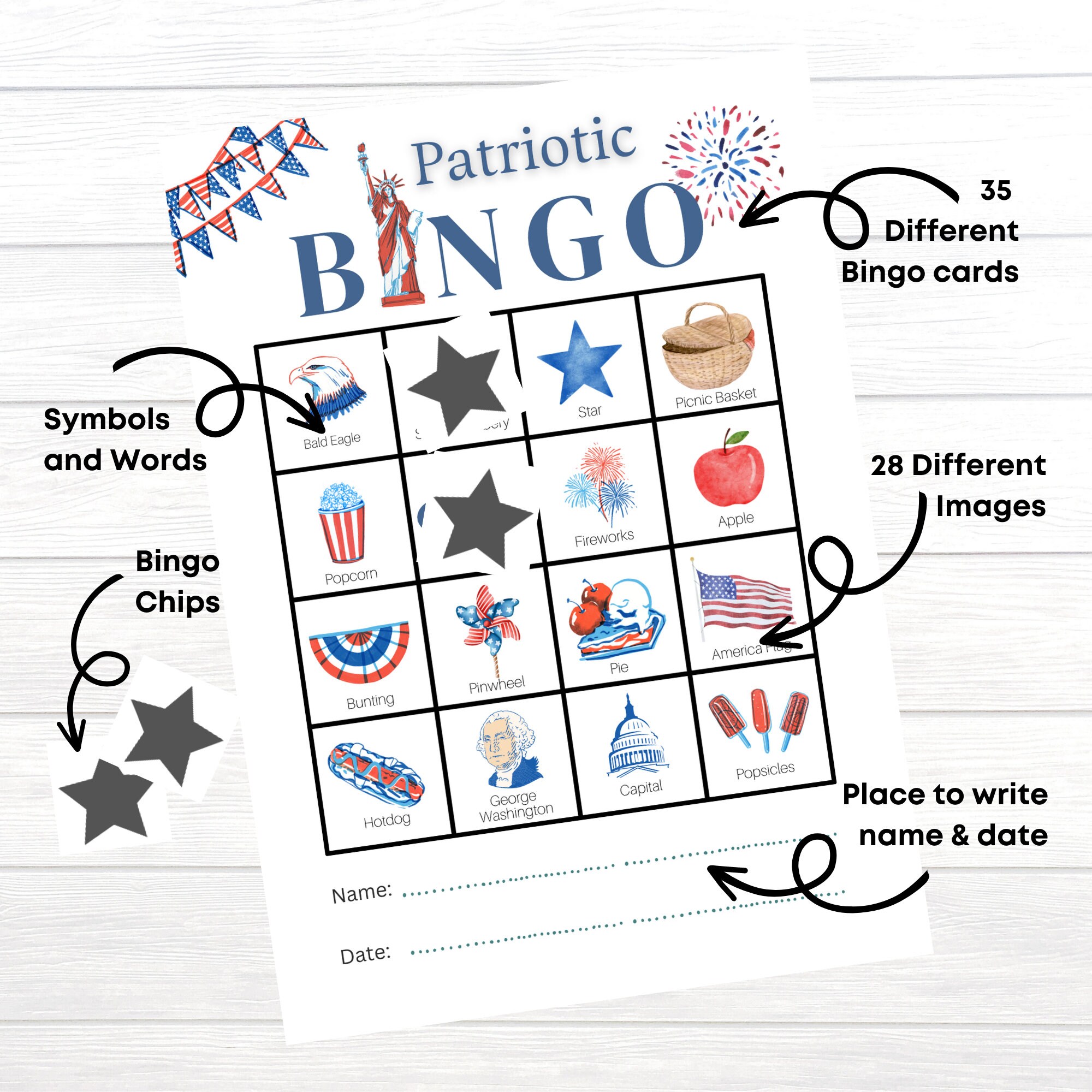 Patriotic Bingo Printable Game 4th of July Bingo Cards Independence Day ...