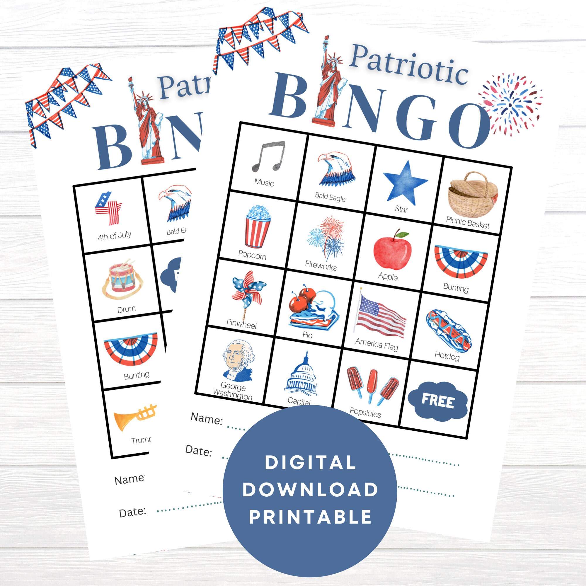 Patriotic Bingo Printable Game 4th of July Bingo Cards Independence Day ...