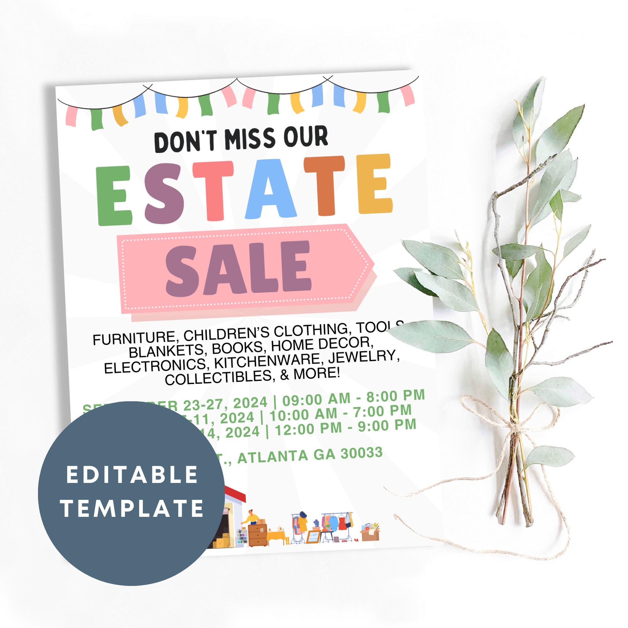 Editable Estate Sale Flyer Template | Moving Out Sale Sign Customizable ...