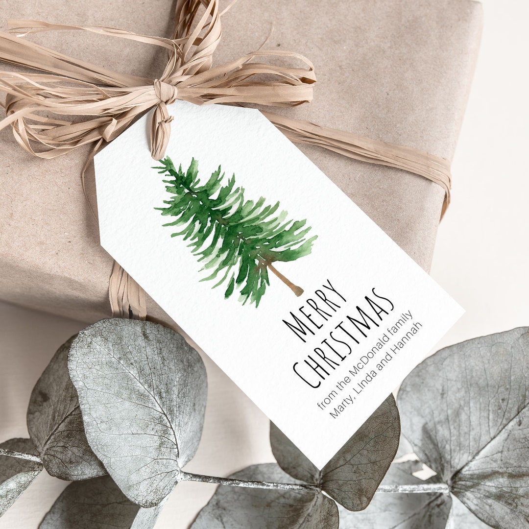 Personalized Pine Tree Christmas Gift Tags, Editable PDF, Watercolor ...