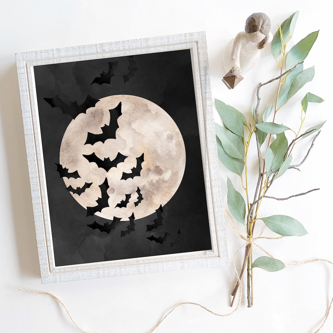 Halloween Bats Flying Around the Moon Spooky Halloween Print Printable ...