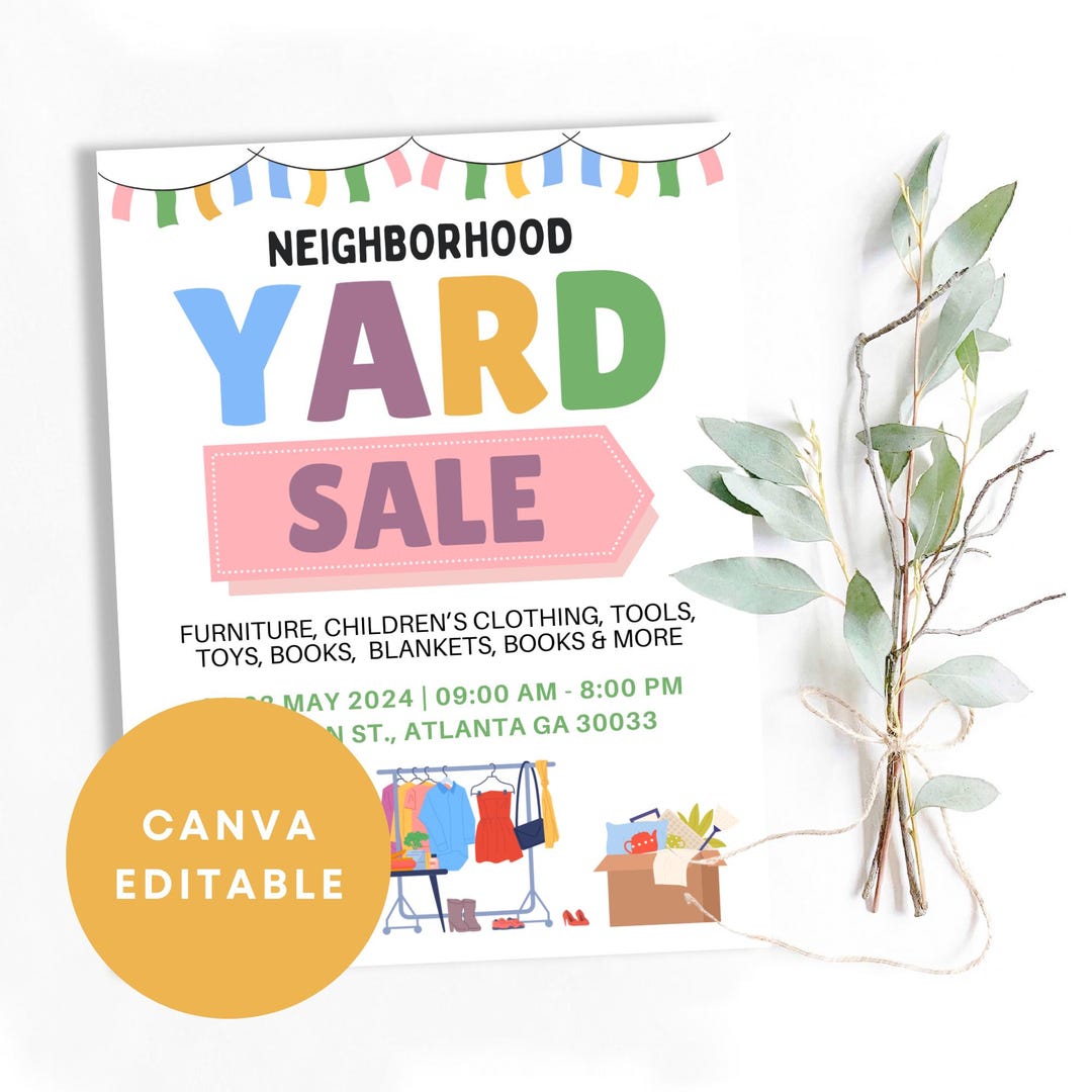 CANVA Editable Yard Sale Flyer Template | Neighborhood Garage Sale Sign ...