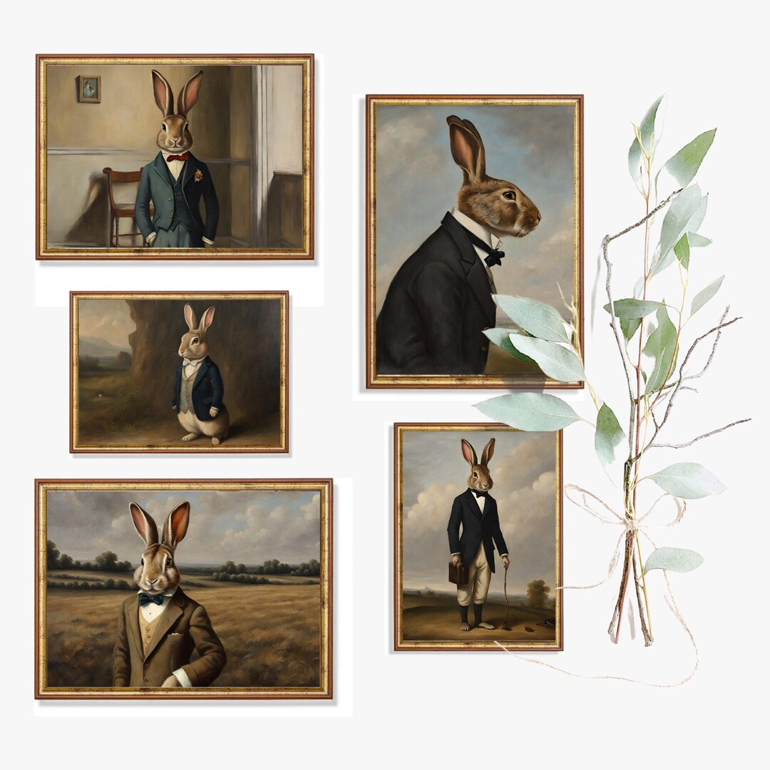 Anthropomorphic Rabbit Painting, Set of 5 Apprentice Bunny Wall Art ...
