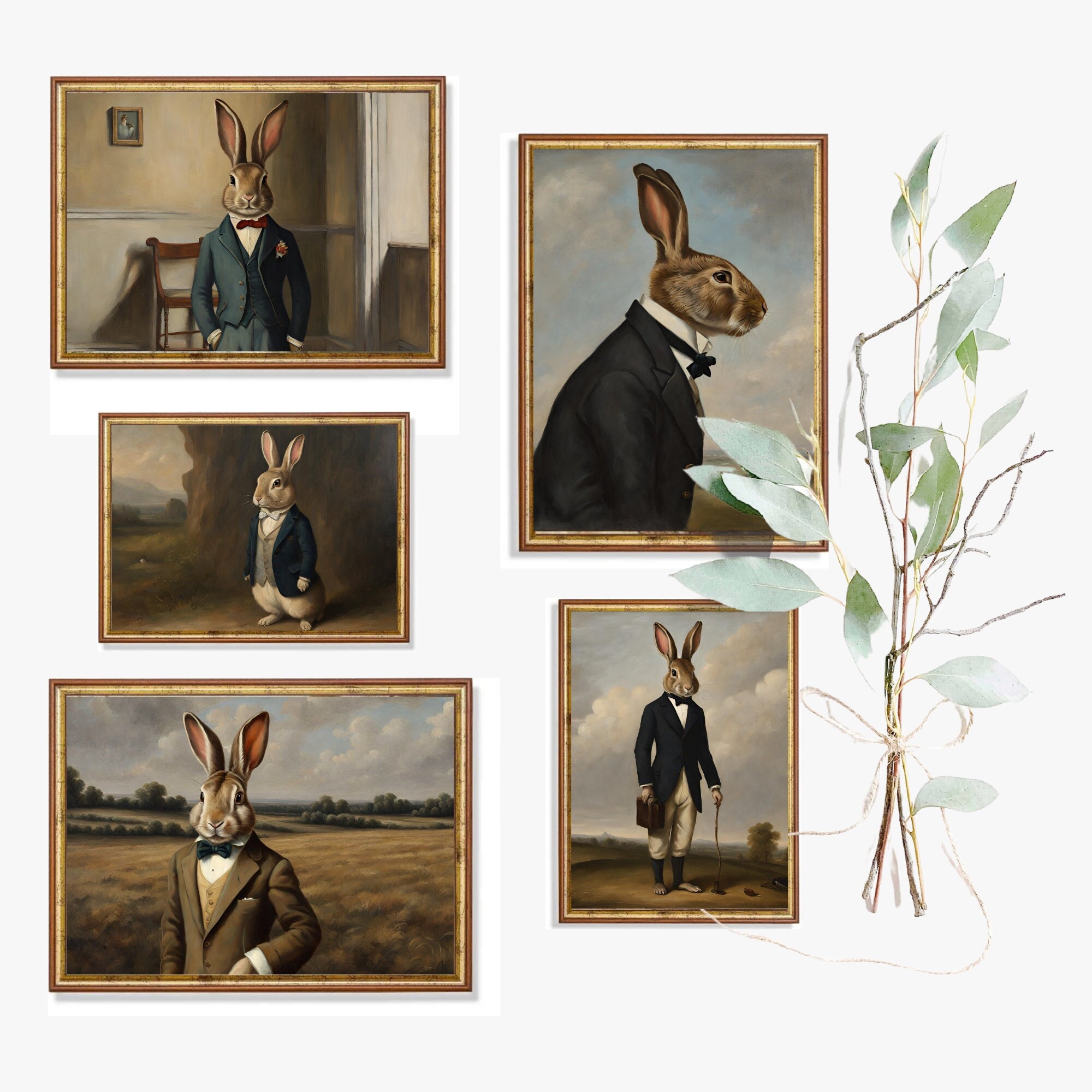 Anthropomorphic Rabbit Painting, Set of 5 Apprentice Bunny Wall Art ...