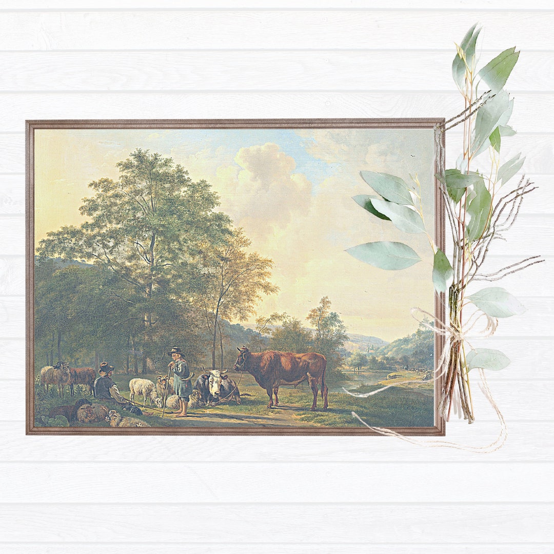Hilly Landscape With Shepherd, Drover, and Cattle Vintage Pasture Oil ...