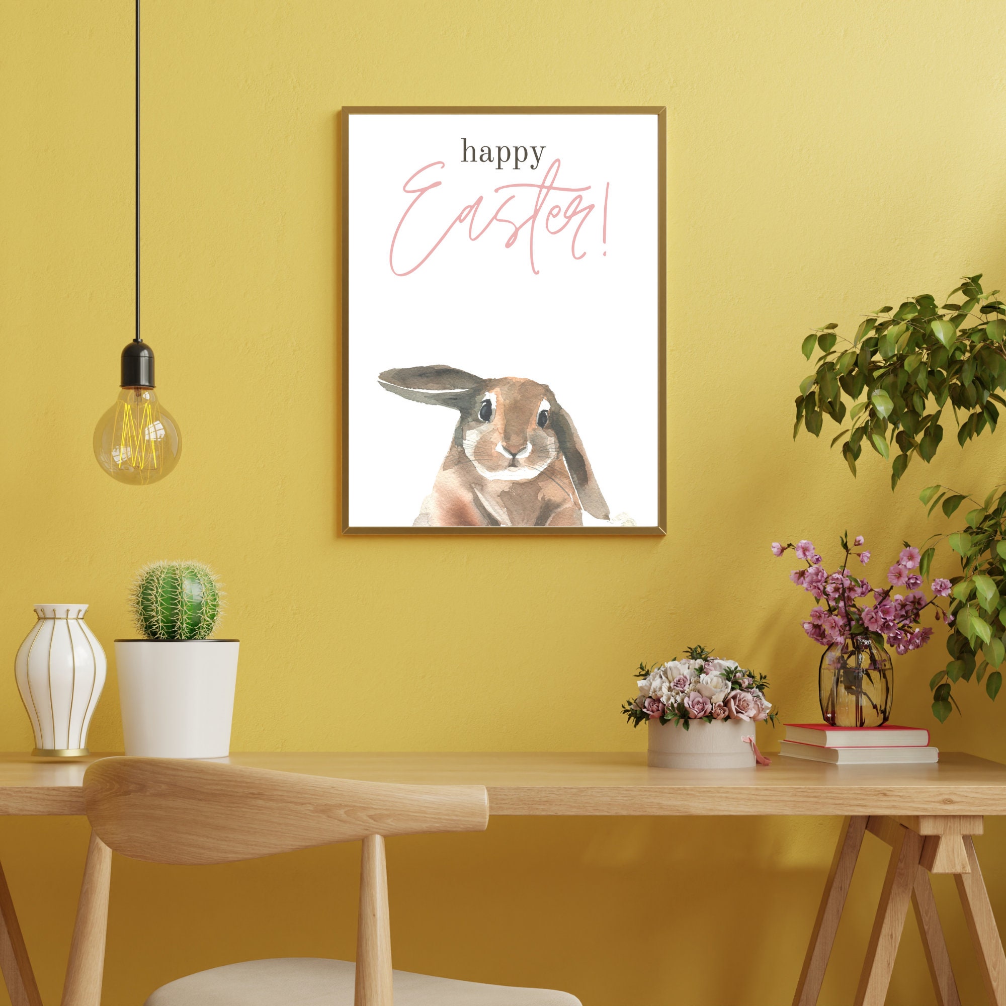 Happy Easter Watercolor Bunny Cute Rabbit Wall Art Spring Home Decor ...