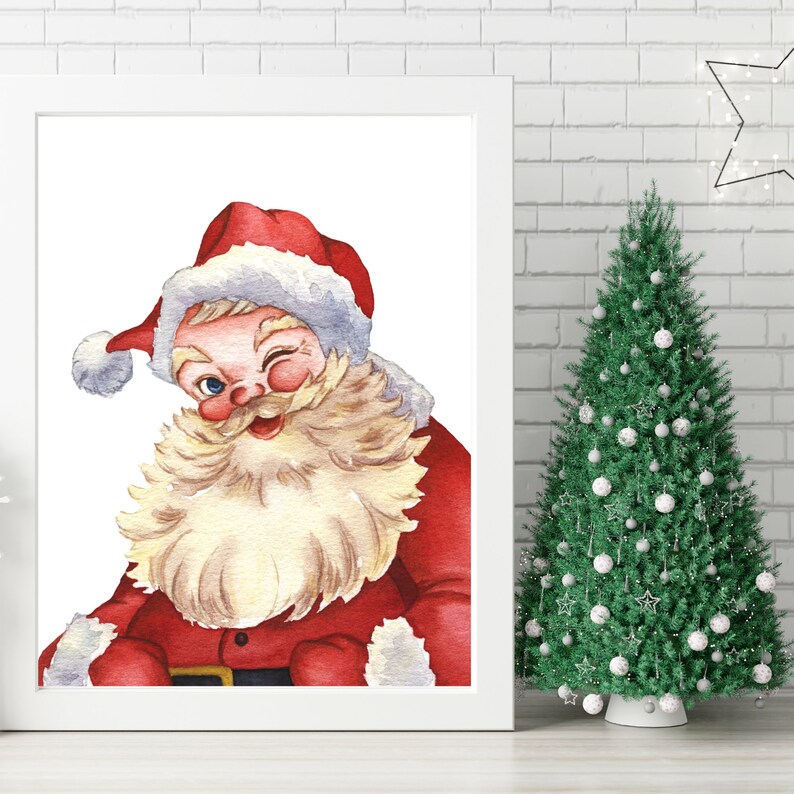 Winking Retro Santa Watercolor Printable Wall Art Vintage Father ...