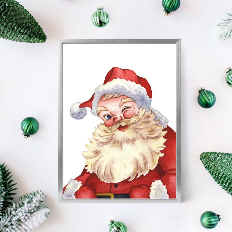 Winking Retro Santa Watercolor Printable Wall Art Vintage Father ...