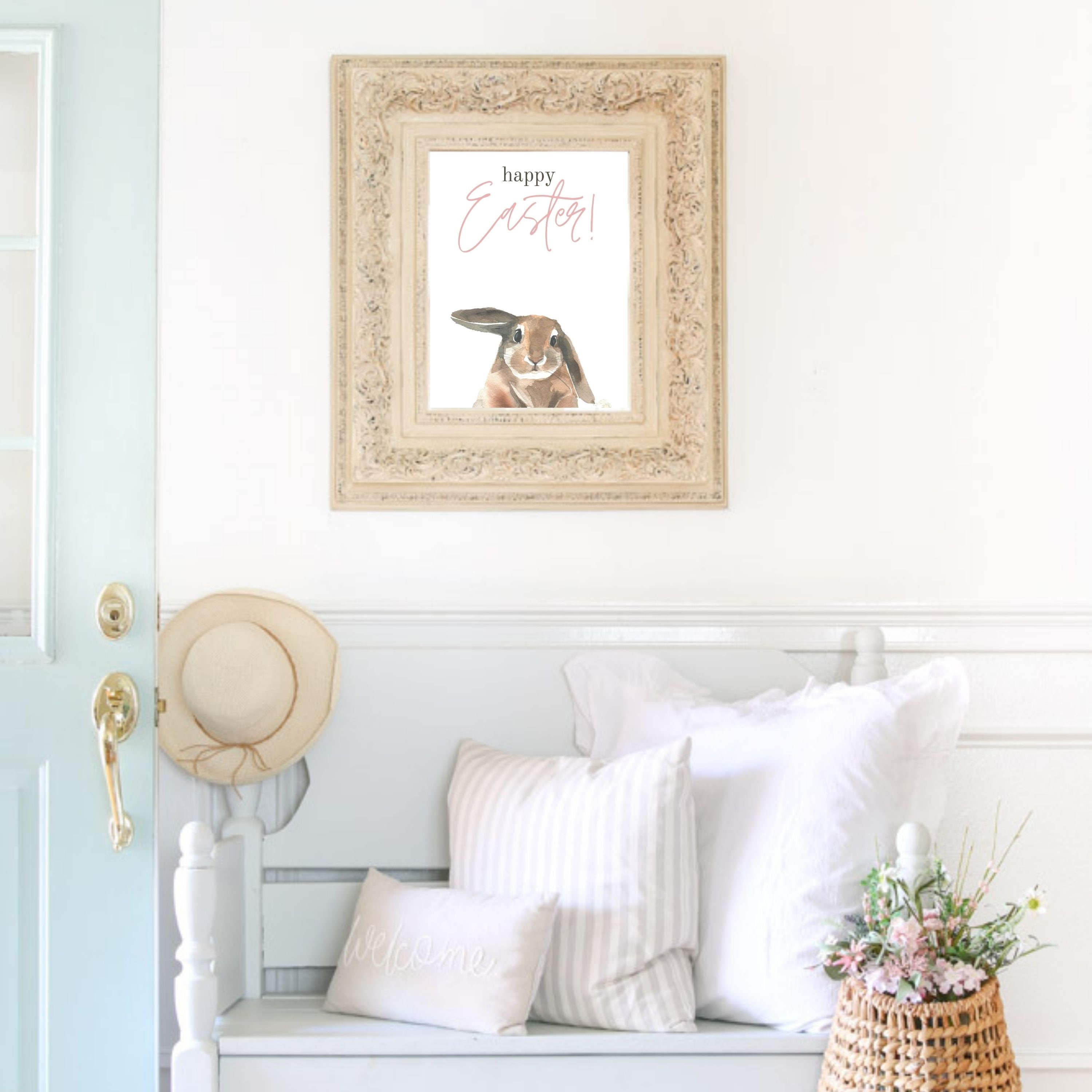 Happy Easter Watercolor Bunny Cute Rabbit Wall Art Spring Home Decor ...
