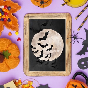 Halloween Bats Flying Around the Moon Spooky Halloween Print Printable ...