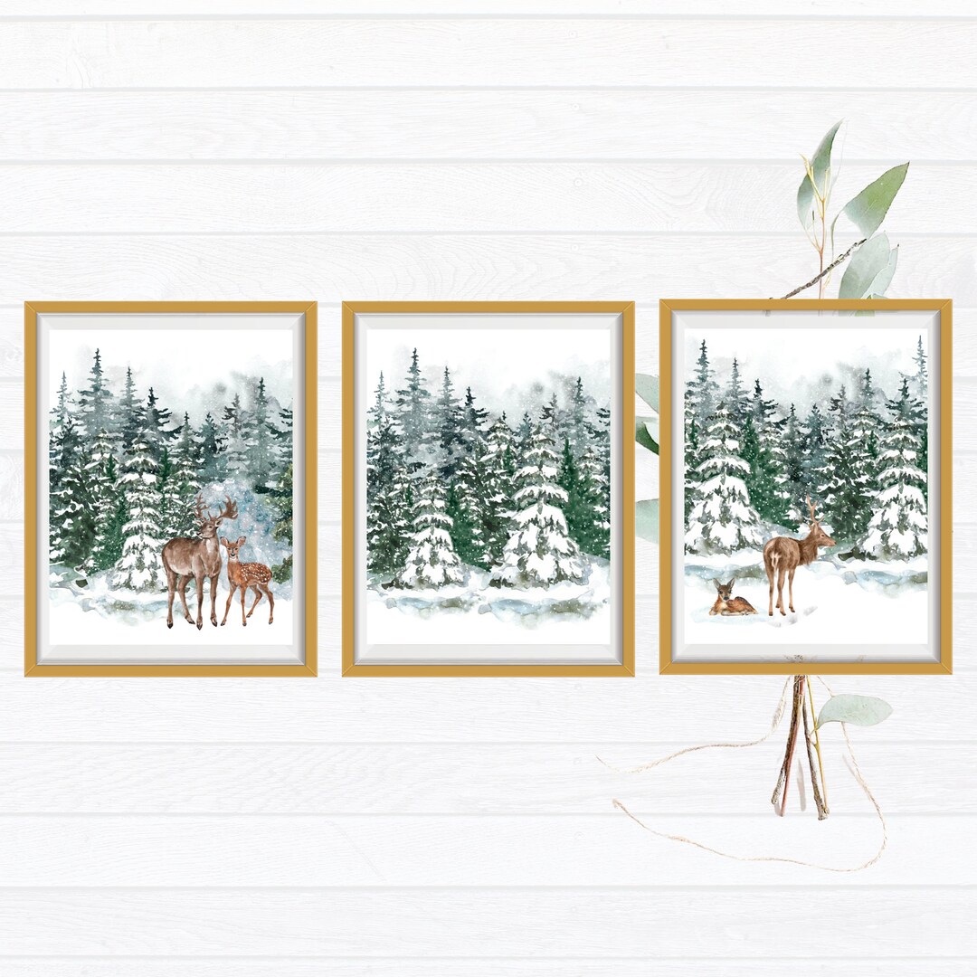 Forest Deer Winter Wonderland Printable Set of 3 Wall Art Christmas ...