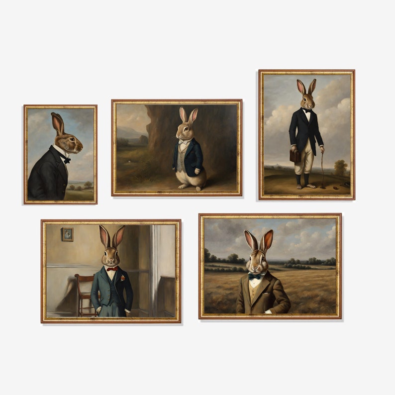 Anthropomorphic Rabbit Painting, Set of 5 Apprentice Bunny Wall Art ...