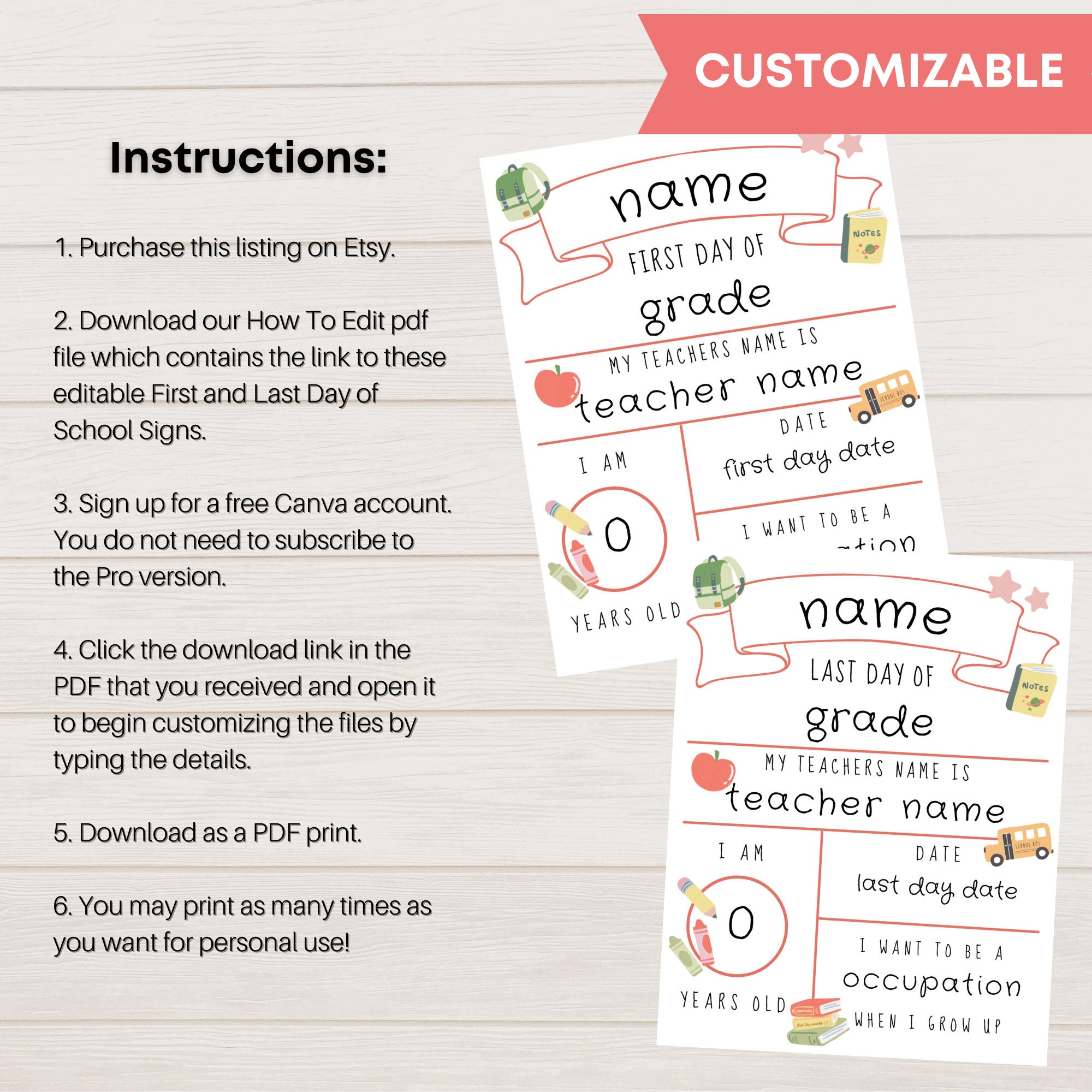 First and Last Day of School Customizable Signs Editable Back to School ...