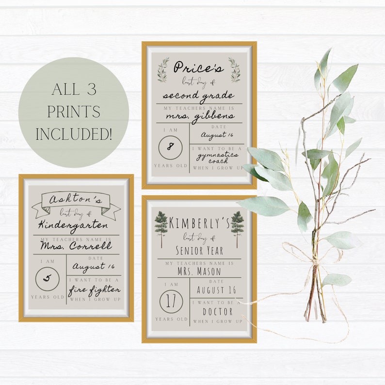 Set of 3 Last Day of School Sign Printable Minimalist Gender Neutral ...