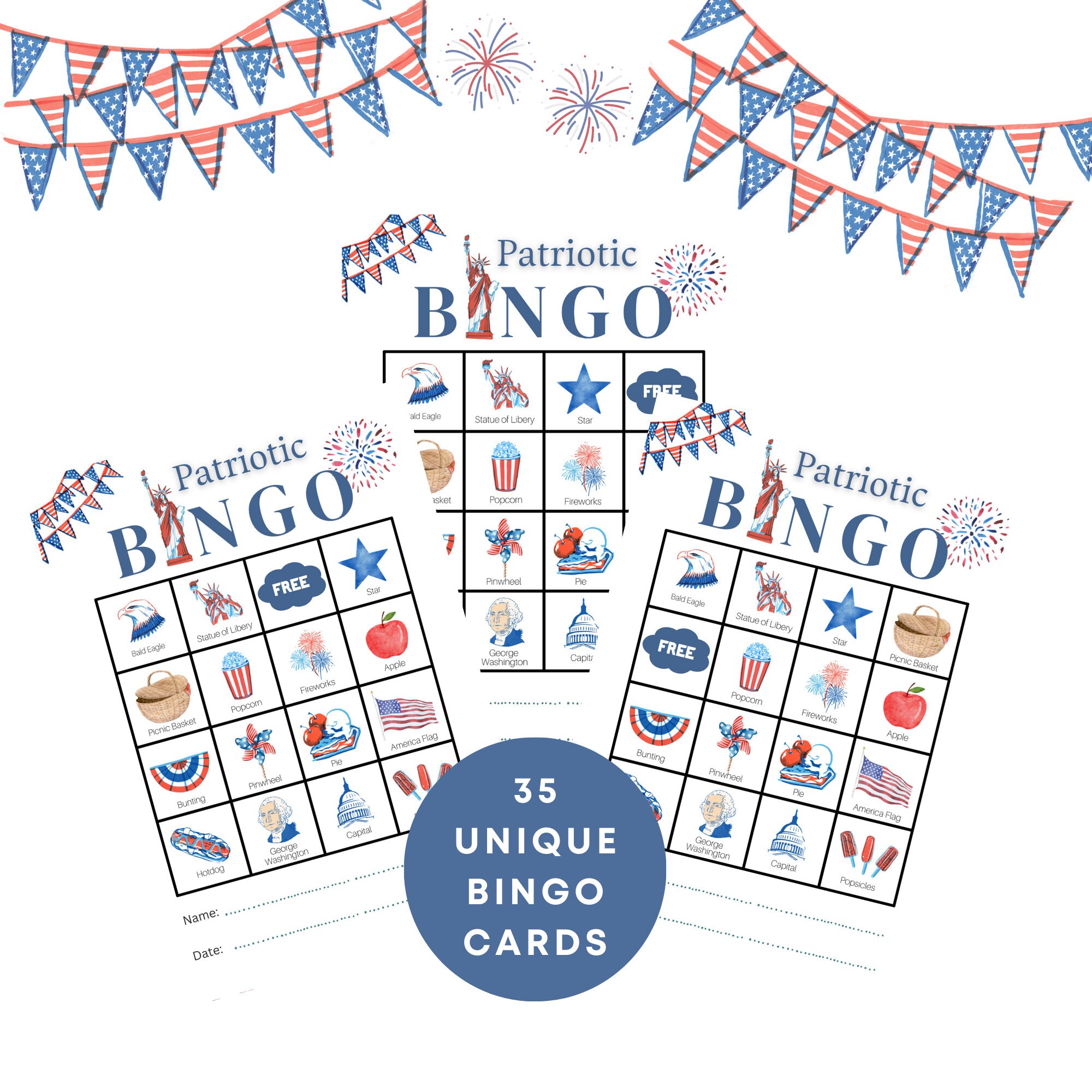 Patriotic Bingo Printable Game, 4th of July Bingo Cards, Independence ...