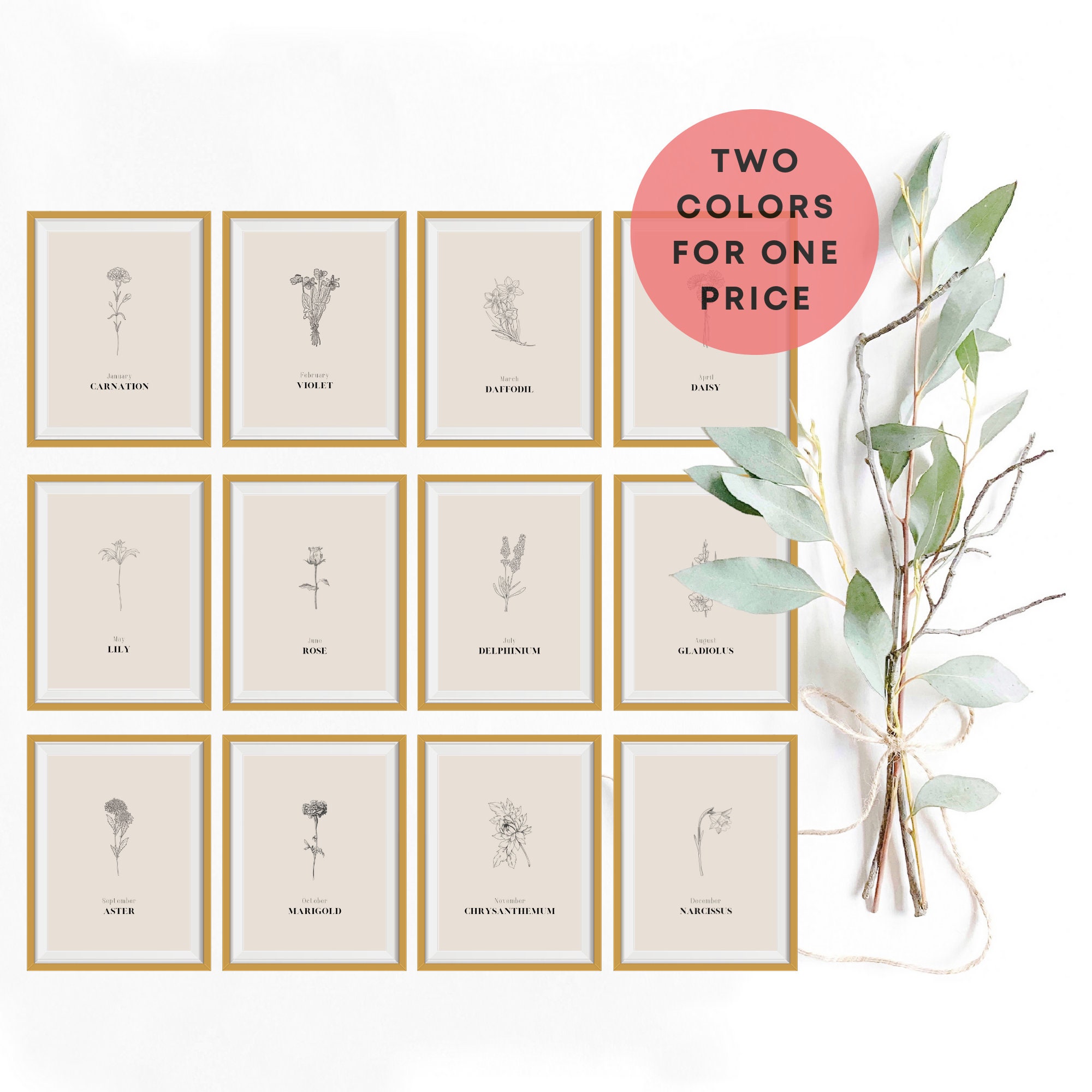 Birth Flower Wall Art Set of 12 Prints Birthmonth Flower Drawing ...