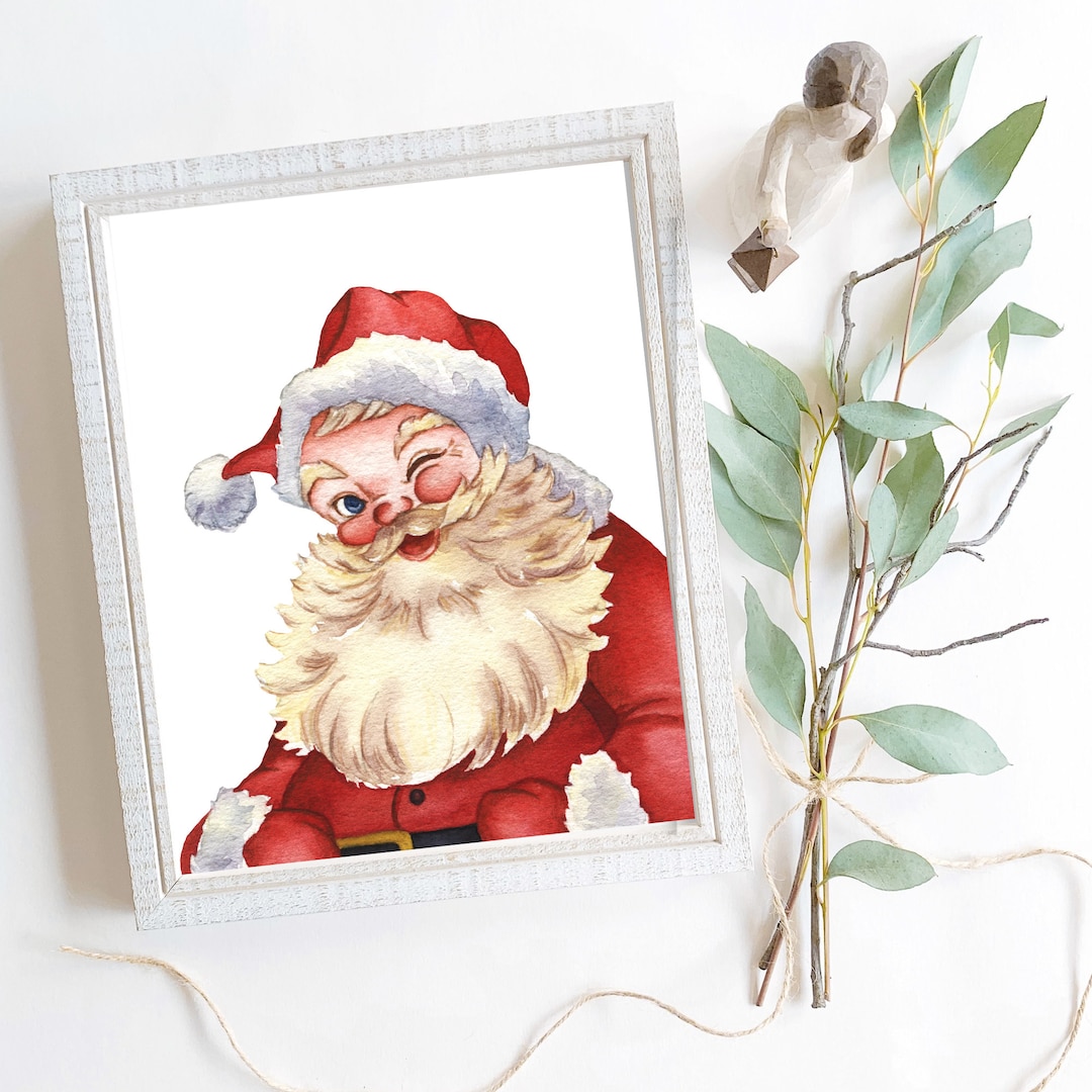 Winking Retro Santa Watercolor Printable Wall Art Vintage Father ...
