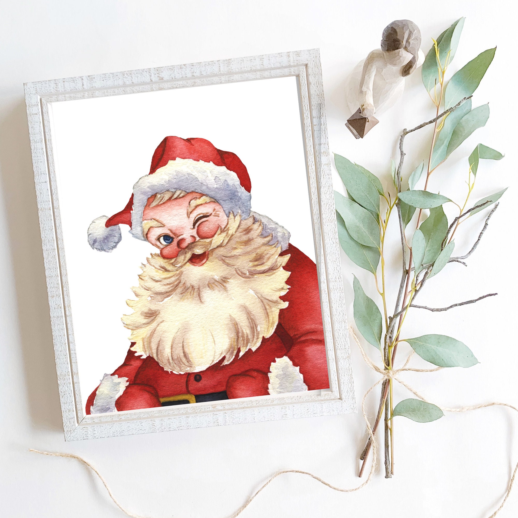 Winking Retro Santa Watercolor Printable Wall Art Vintage Father ...