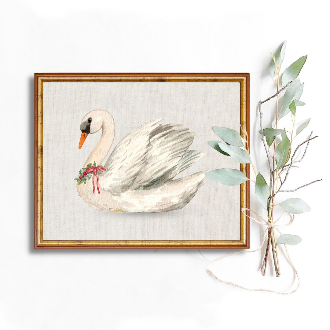 Vintage Christmas Swan Art, White Swan With Bow Print, Farmhouse ...