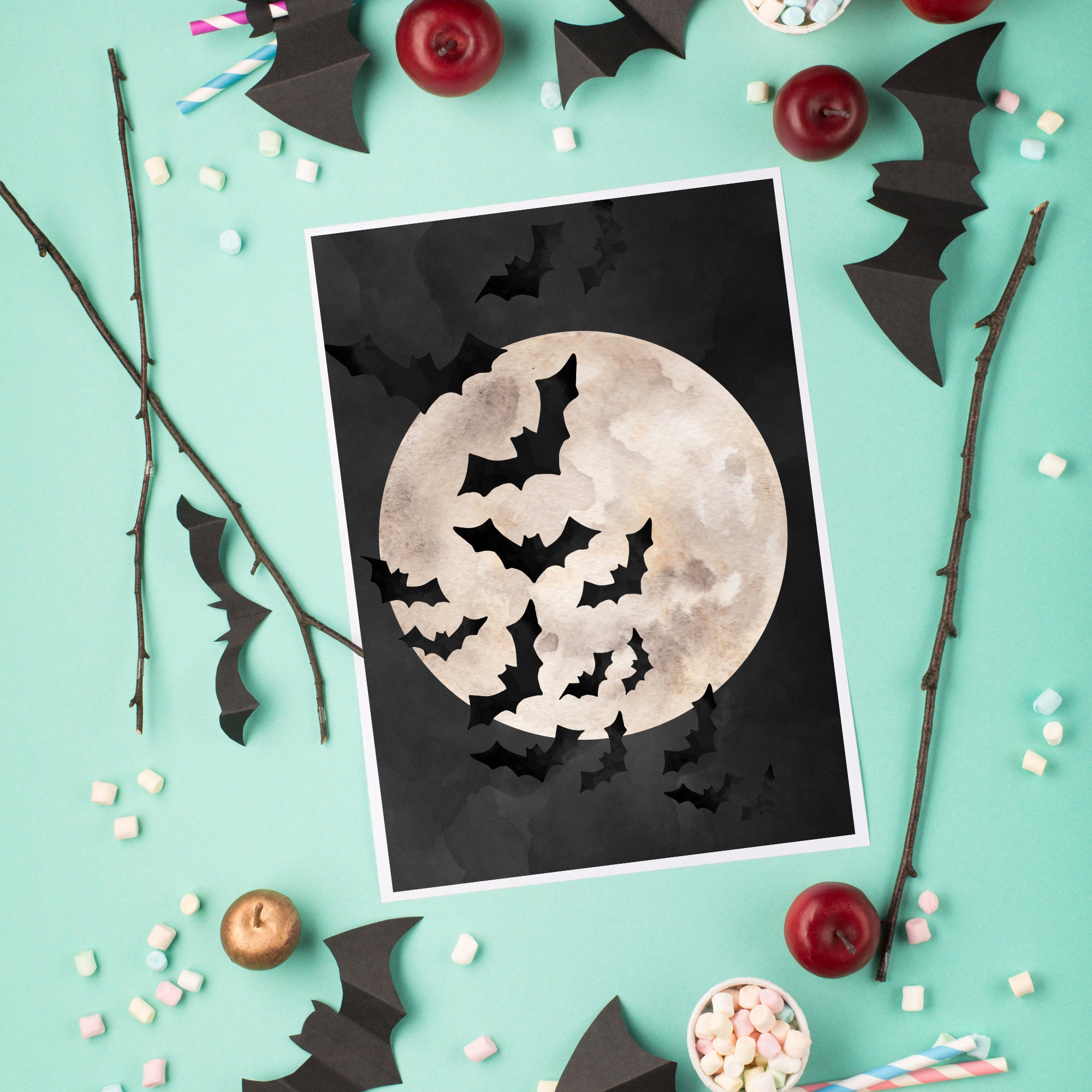 Halloween Bats Flying Around the Moon Spooky Halloween Print - Etsy