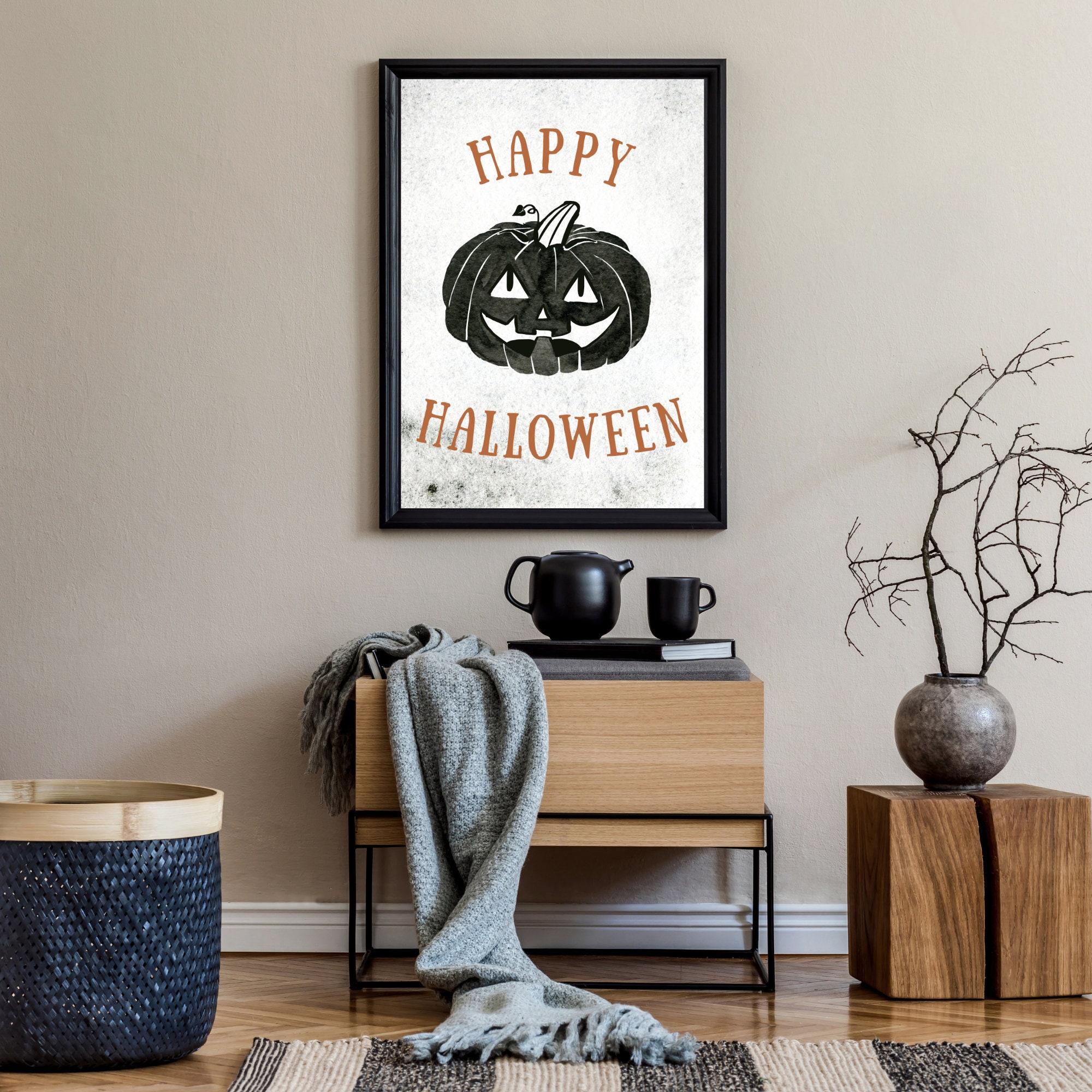 Happy Halloween Fall Wall Art Black Pumpkin Digital Print - Etsy