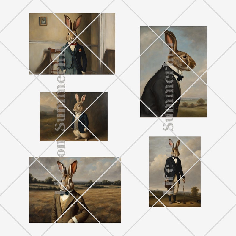 Anthropomorphic Rabbit Painting, Set of 5 Apprentice Bunny Wall Art ...