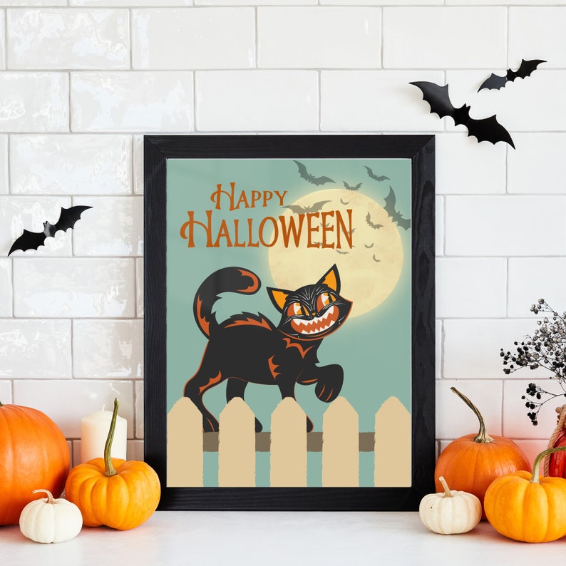Retro Halloween Cat Printable Wall Art Pastel Cat Halloween - Etsy