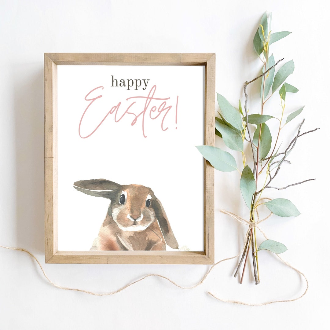Happy Easter Watercolor Bunny Cute Rabbit Wall Art Spring Home Decor ...