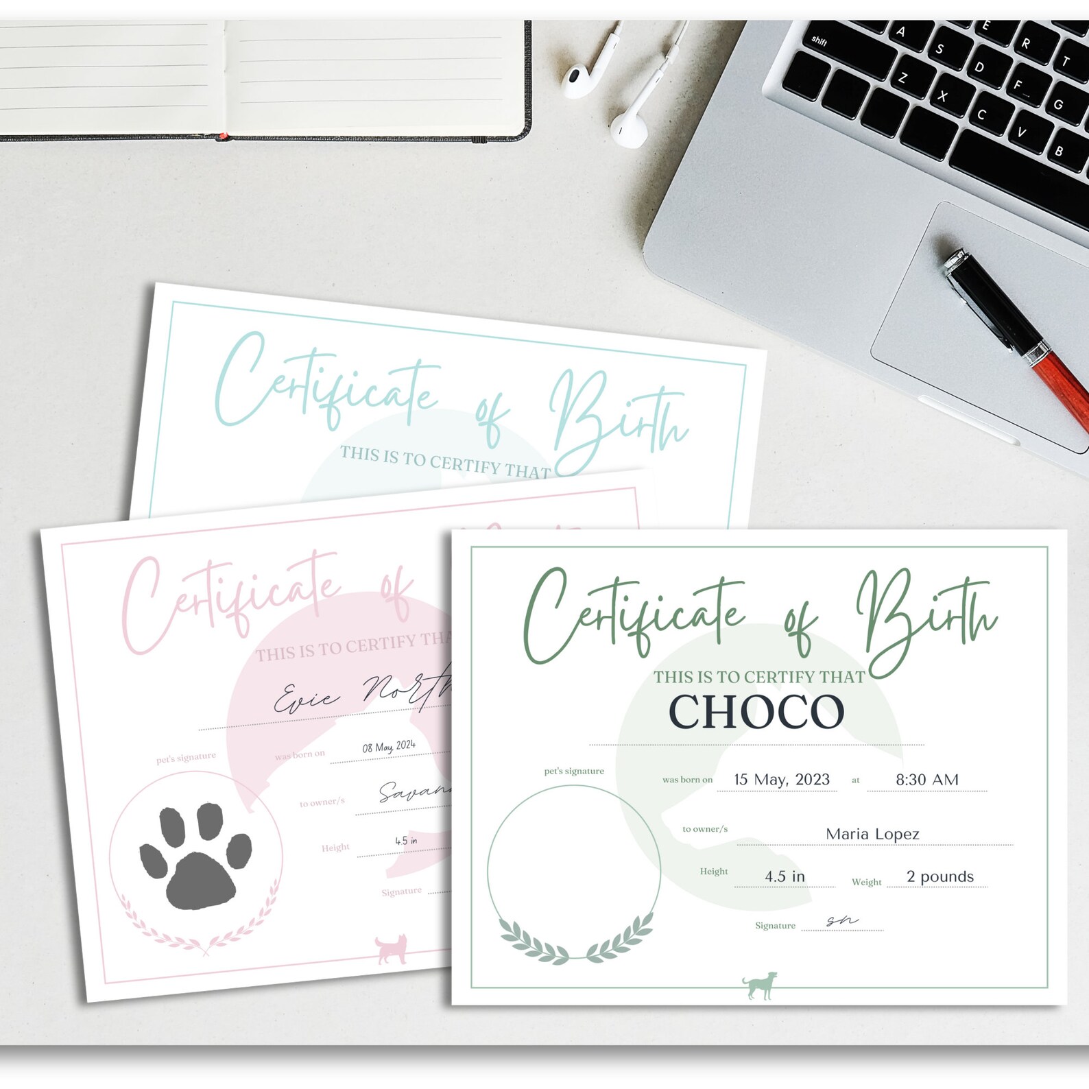 Editable Puppy Birth Certificate Set of 3 Dog Certificate Templates ...