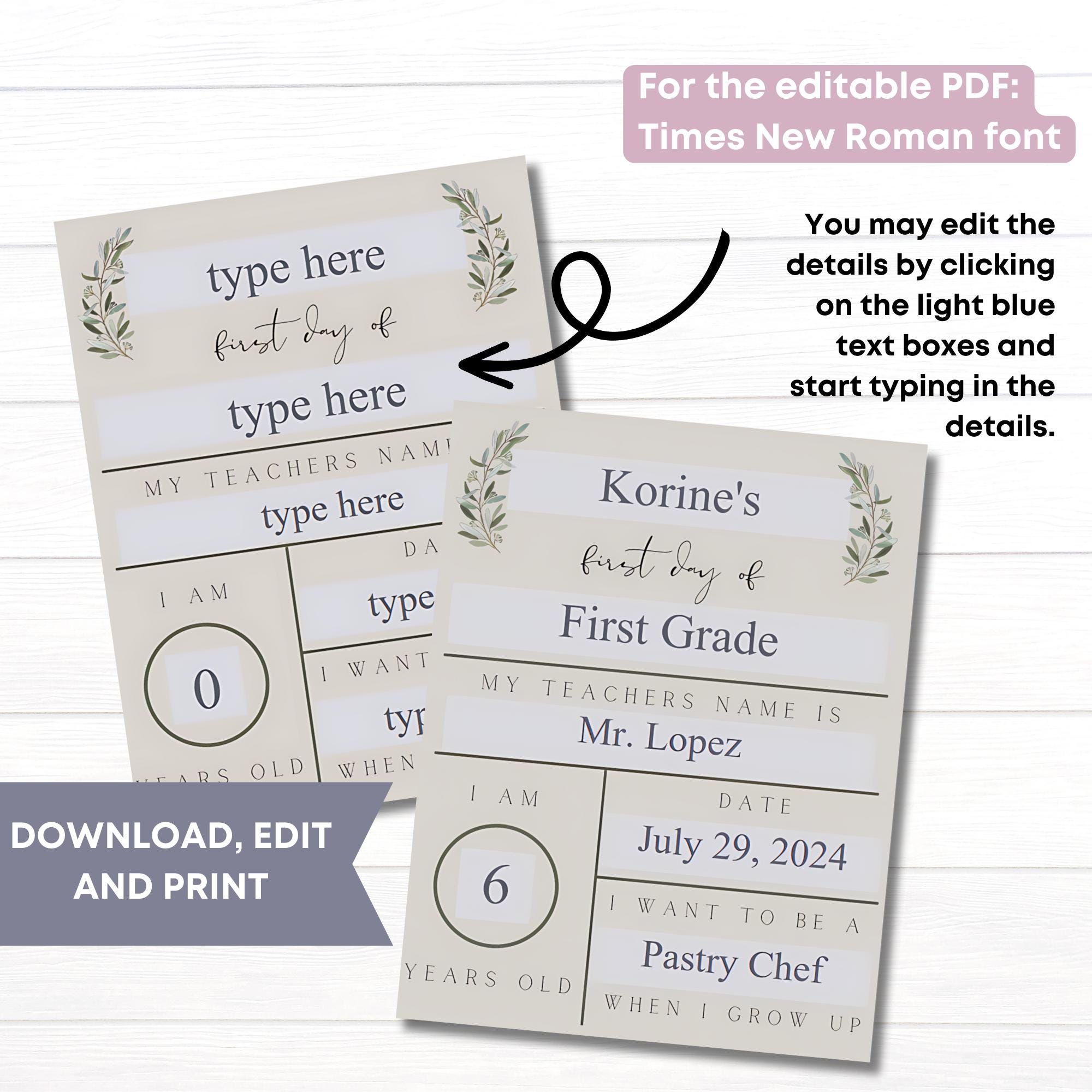 Editable Back to School Sign | Customizable Student First Day of Class ...