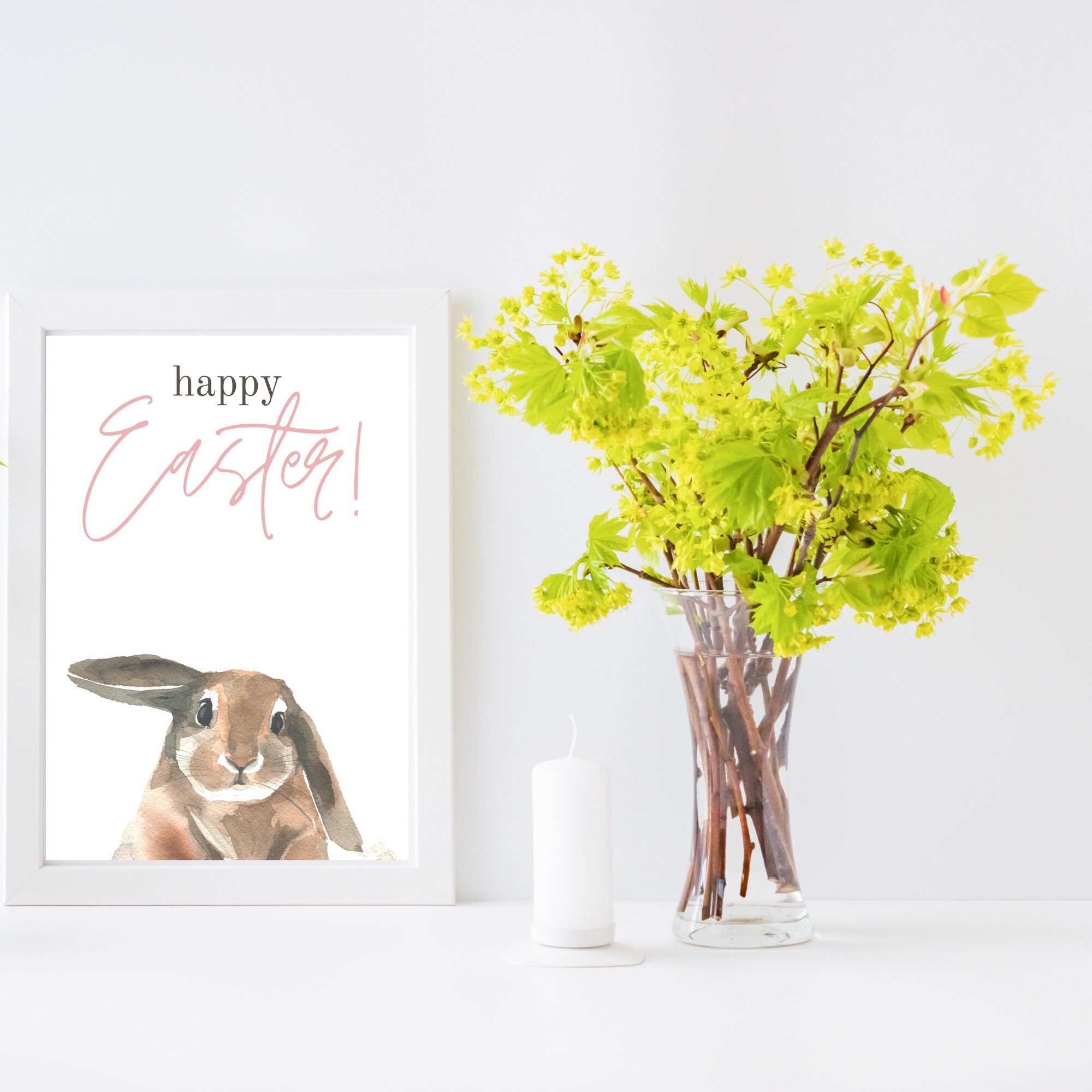 Happy Easter Watercolor Bunny Cute Rabbit Wall Art Spring Home Decor ...