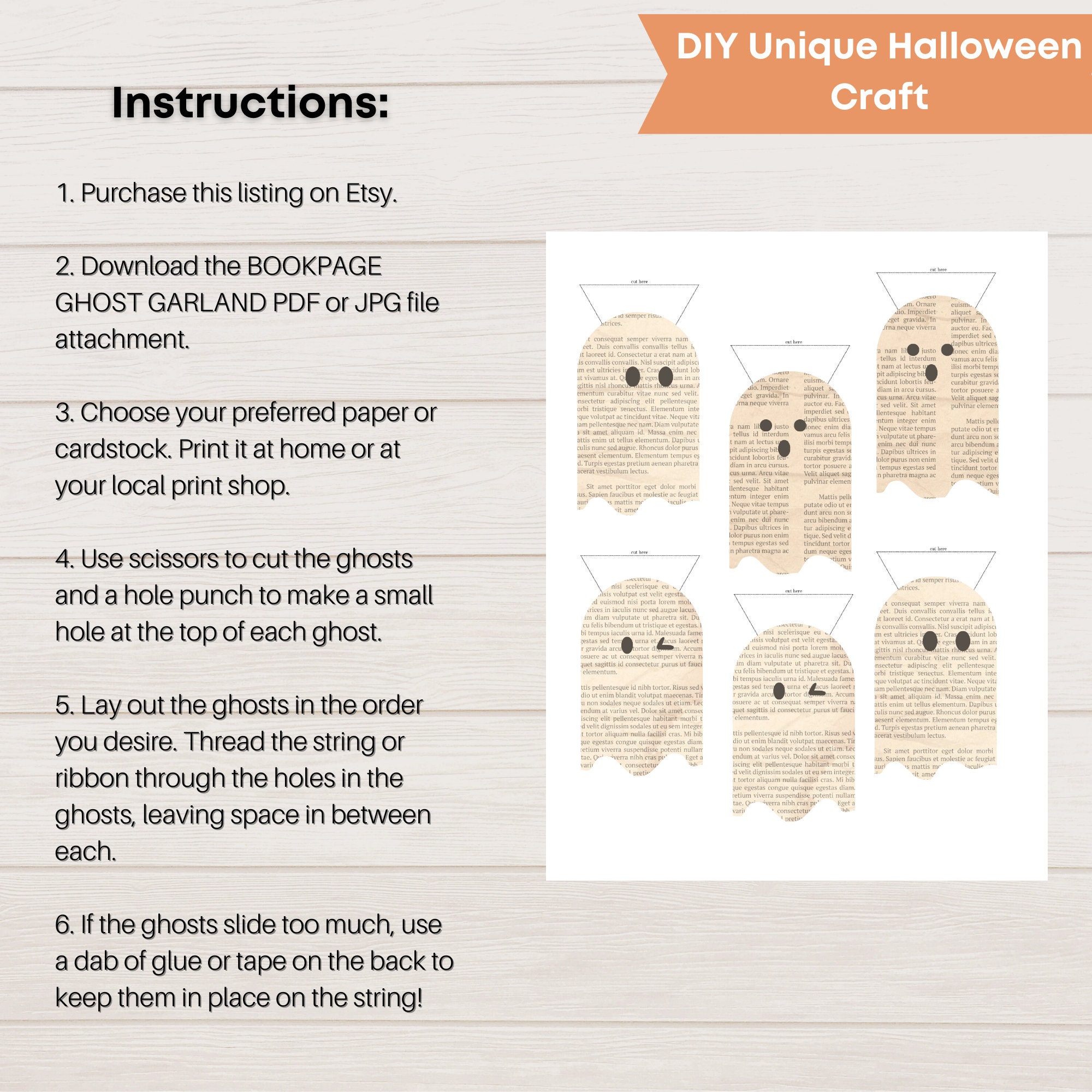 DIY Book Page Ghost Garland Printable | Vintage Bookpage Ghost Bunting | Halloween Decor Garland ...