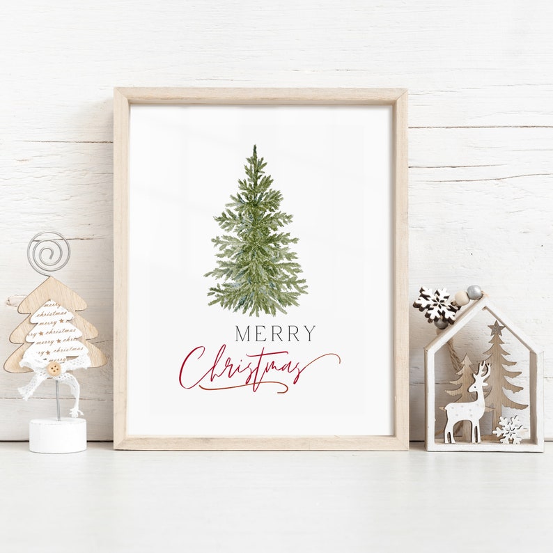 Merry Christmas Printable Wall Art Watercolor Christmas Tree Rustic ...