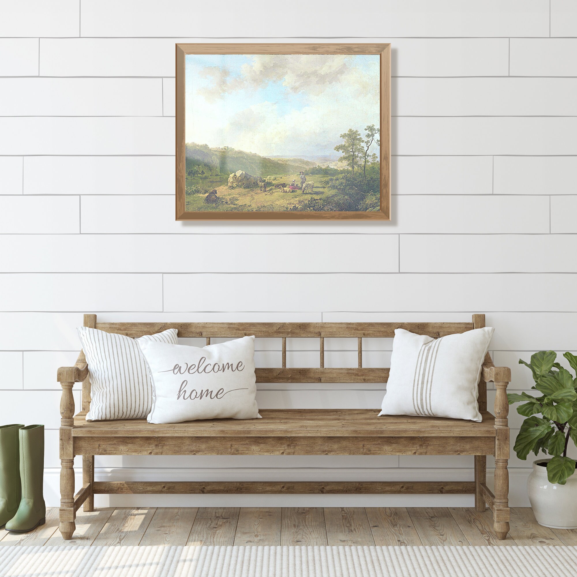 Vintage Landscape Countryside Farmers and Goats Oil Painting Country ...