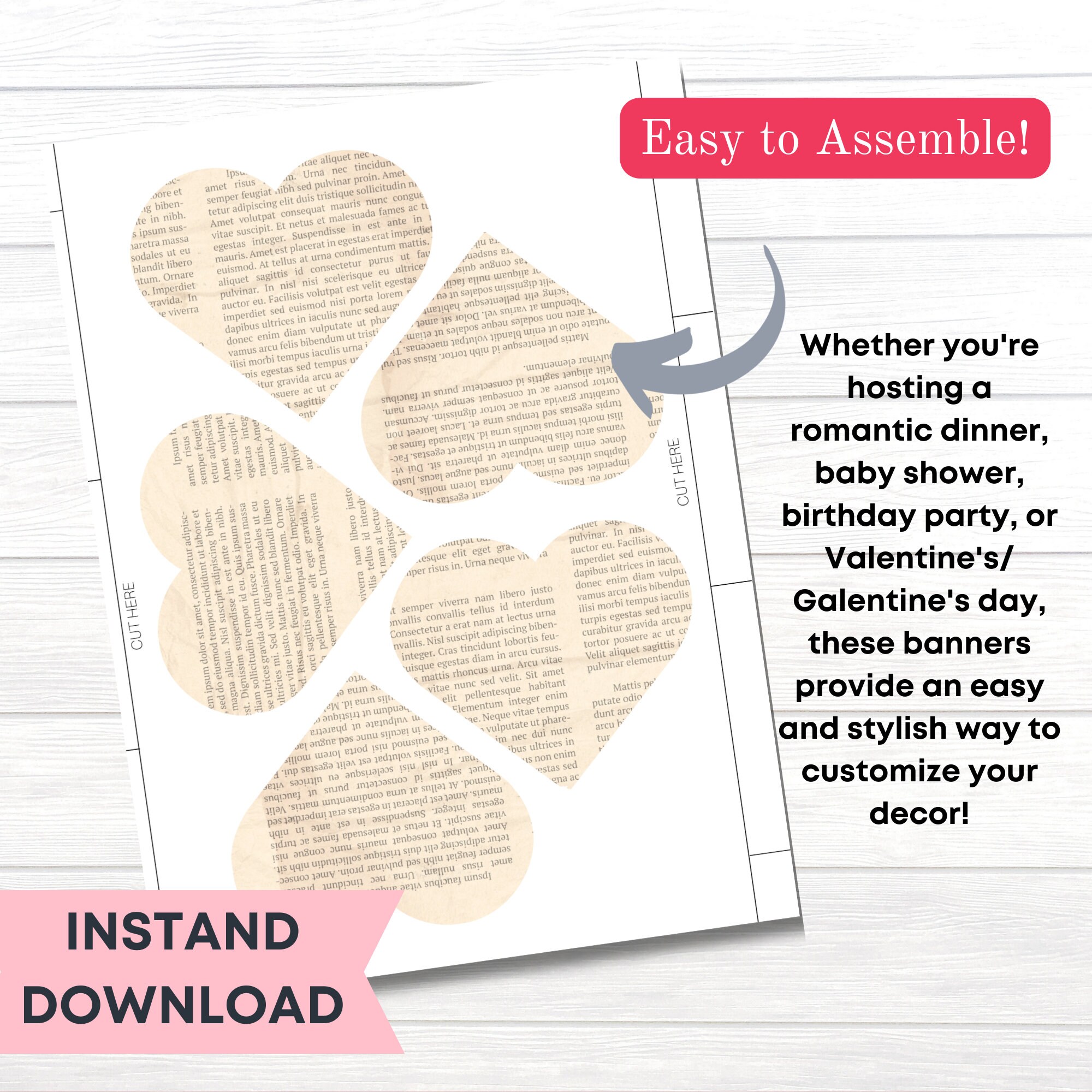 DIY Book Page Heart Garland Printable Vintage Valentines Bunting Decor ...