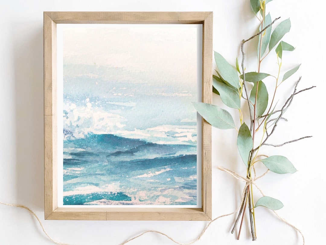 Ocean Wave Watercolor Printable Wall Art, Calm Tranquil Nautical Blue ...