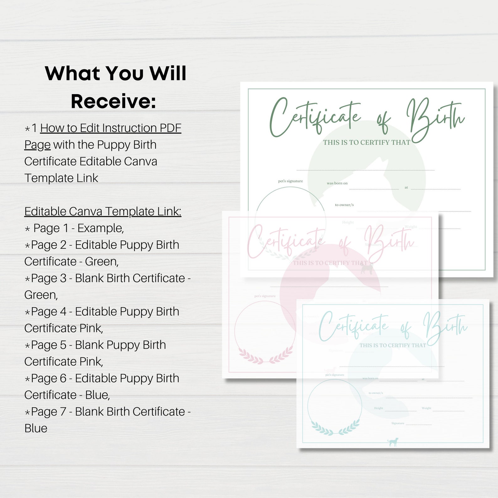Editable Puppy Birth Certificate Set of 3 Dog Certificate Templates ...