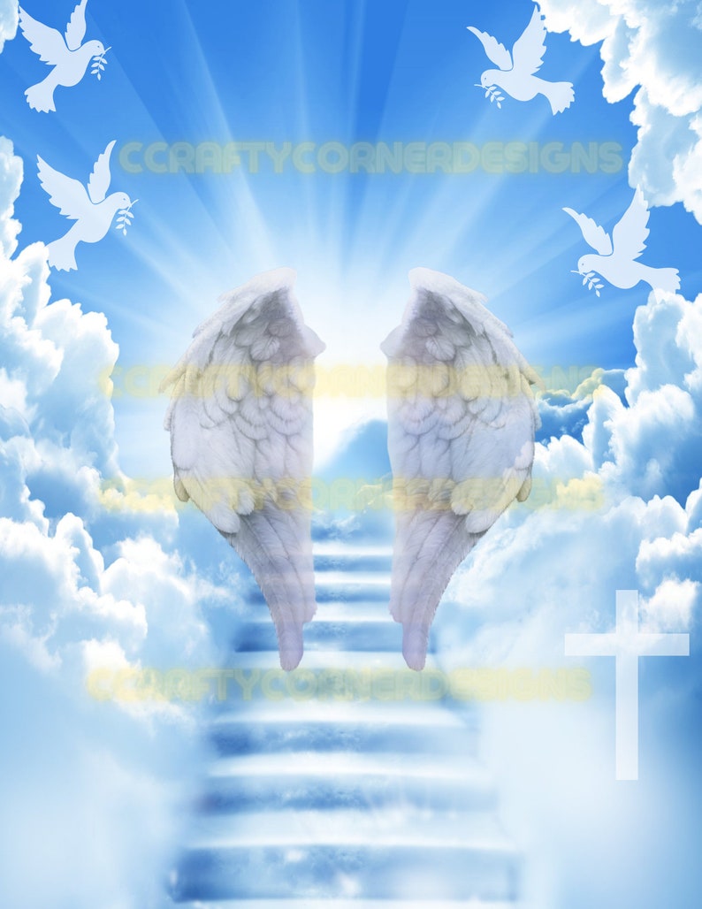 Escalera en las nubes con alas y palomas Fondo de la muerte Rip ...