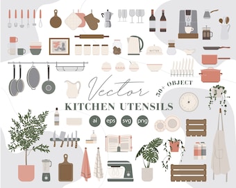 80 Flat Vector Illustration Kitchen Clip Art Set Furniture Interior ...