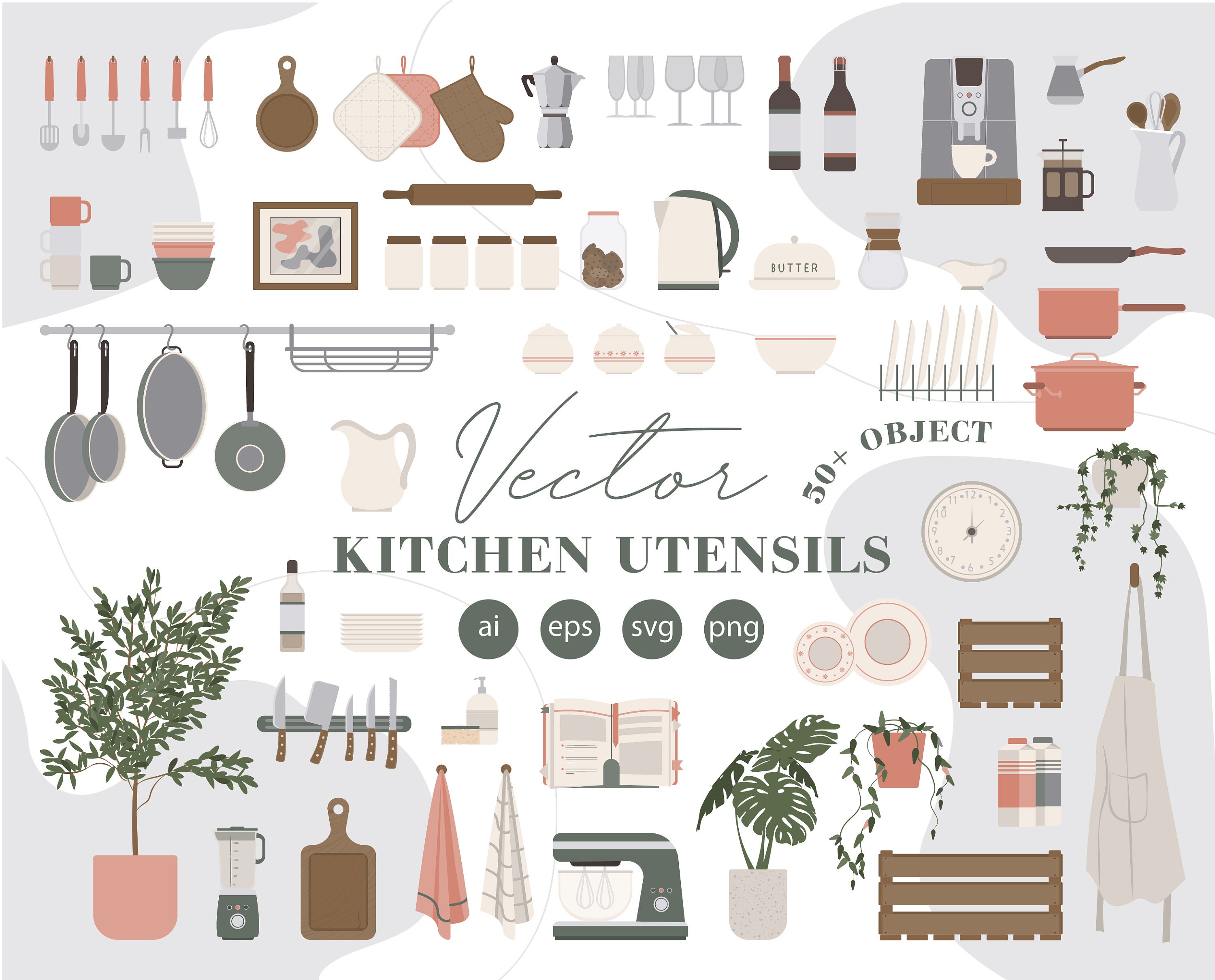 Whimsical Kitchen Utensils Bundle - Kitchen Clip Art Set Ai - PNG- SVG ...